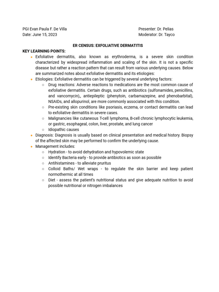 Exfoliative Dermatitis - Key Learning Points | PDF