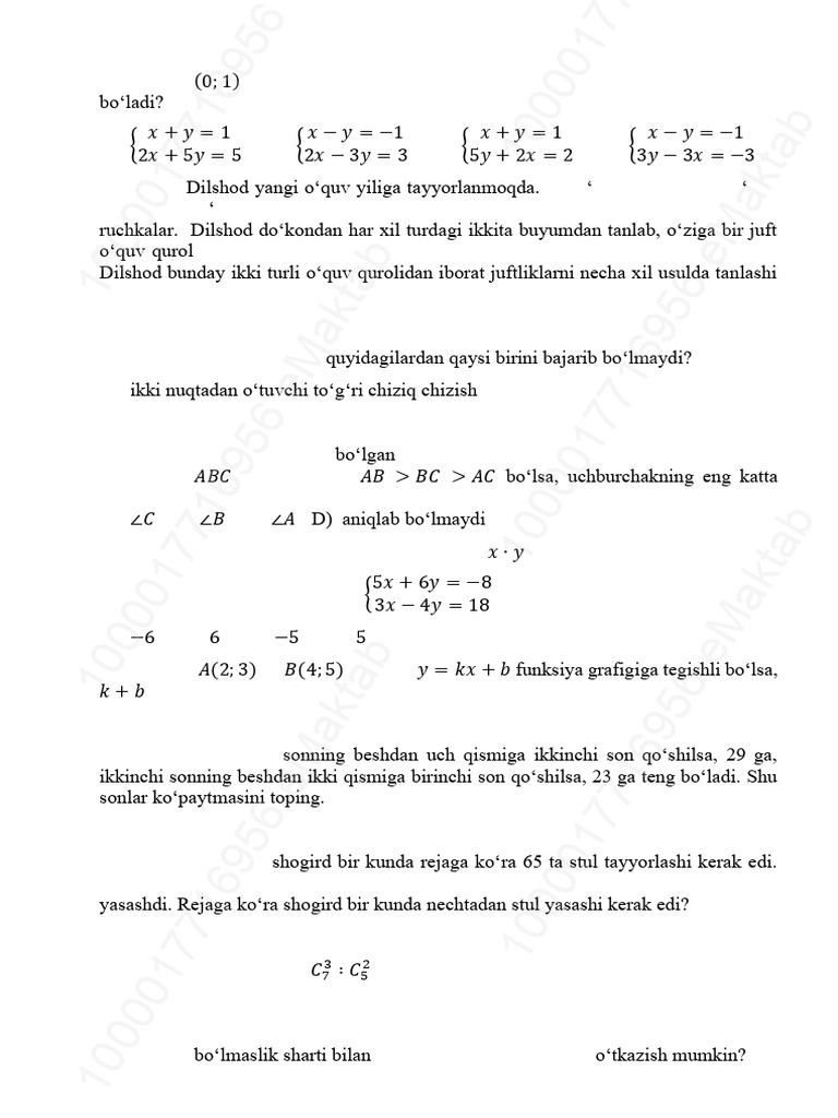 7 Sinf Matematika 4-ChSB Demo Variant | PDF
