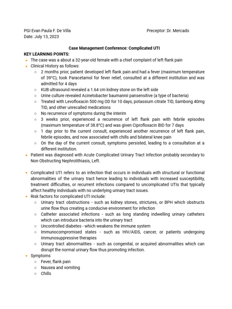 Complicated UTI - Key Learning Points | PDF | Urinary Tract Infection ...