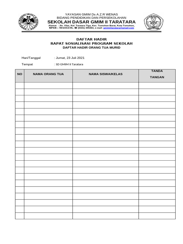 Daftar Hadir Rapat Sosialisasi Program Sekolah | PDF