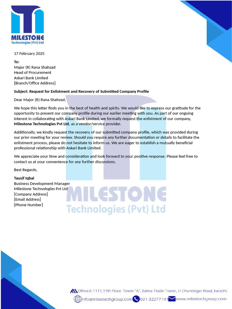 Request For Enlistment and Recovery of Submitted Company Profile | PDF
