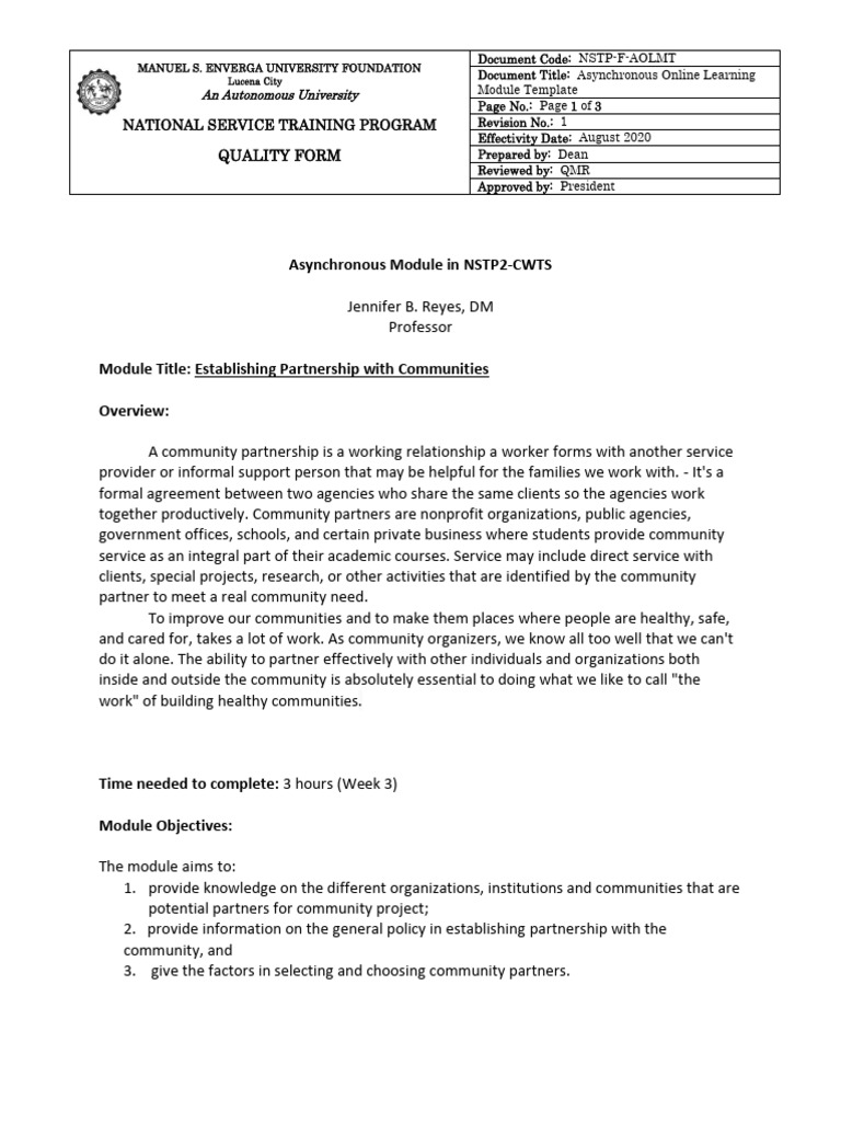 AM2-NSTP2 Establishing Community Partners | PDF