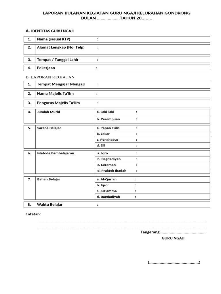 Format Laporan Guru Ngaji Kel Gondrong 2025 | PDF