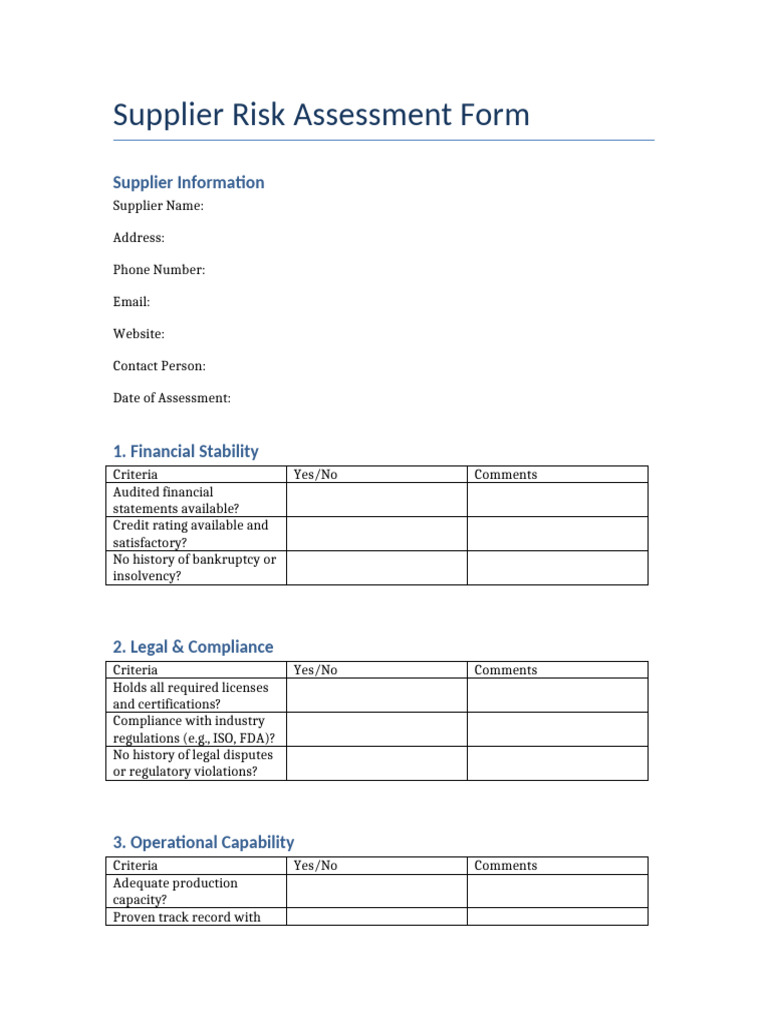 Supplier Risk Assessment Form | PDF