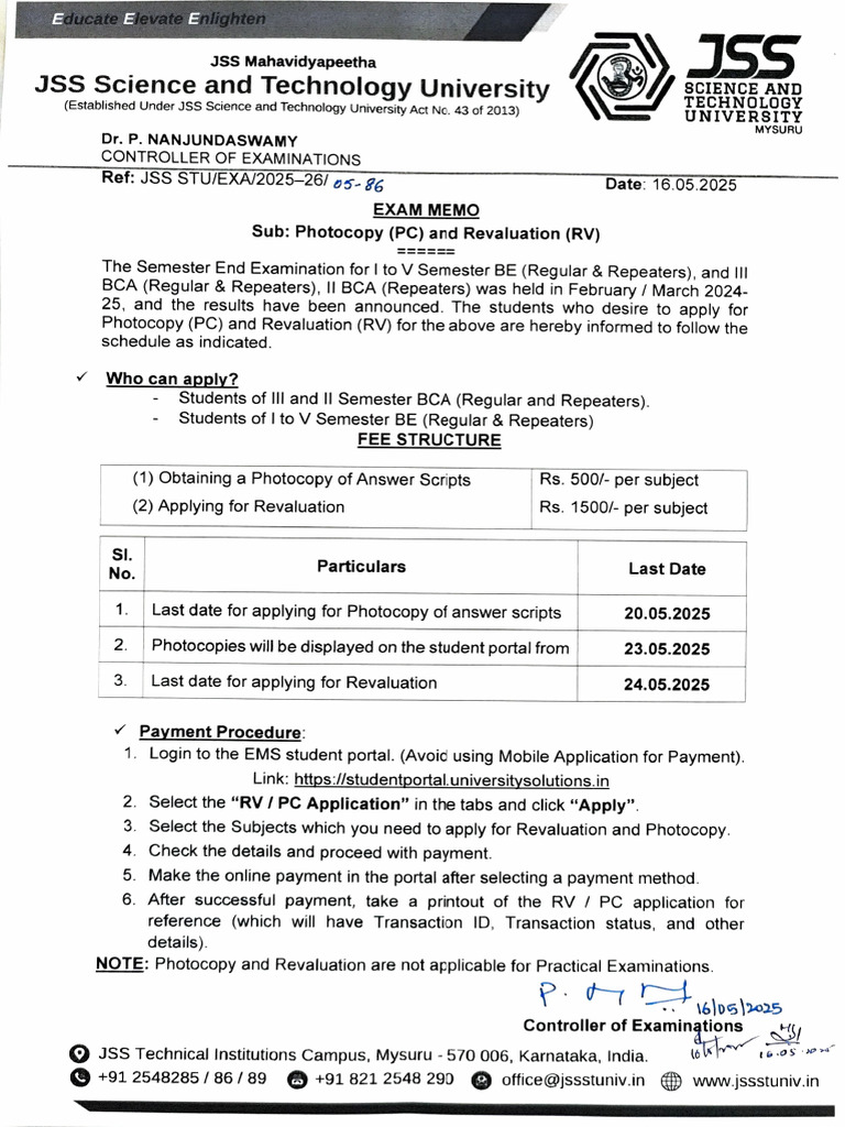 JSS University Photocopy & Revaluation Guide | PDF | Payments