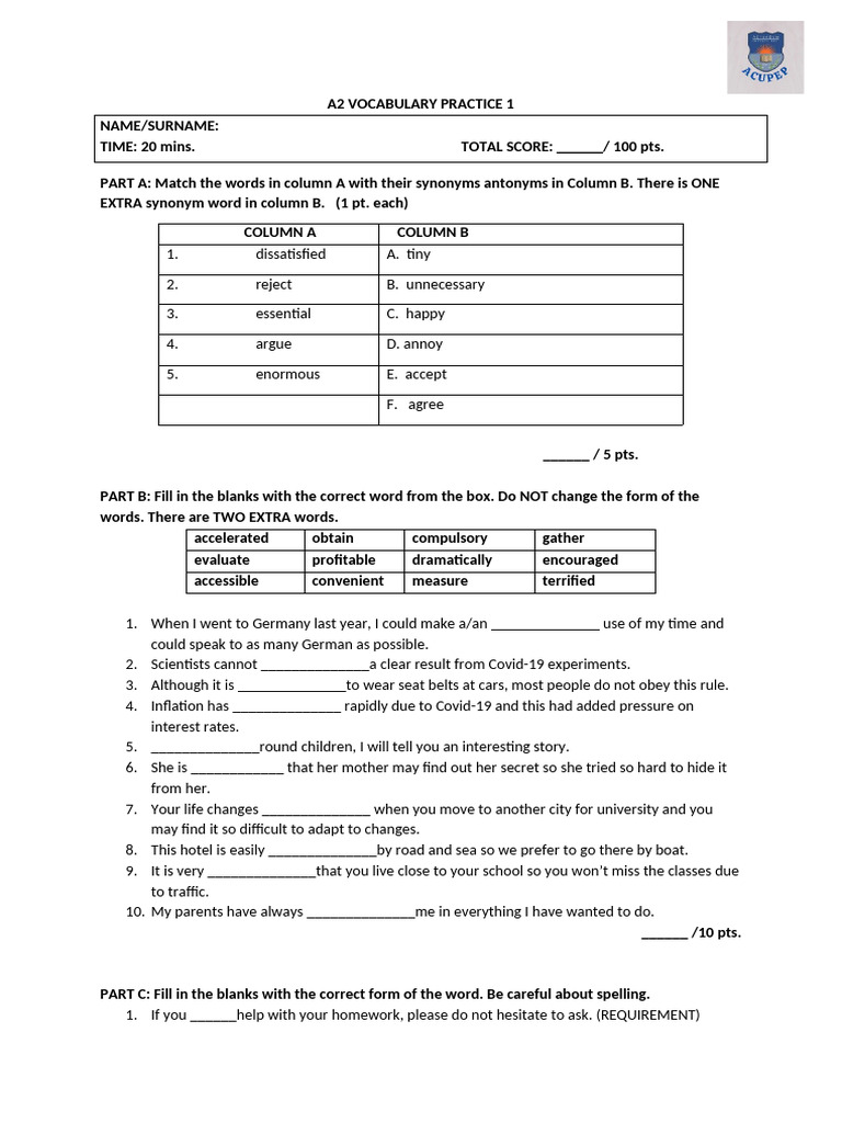VOCABULARY PRACTICE Unit 1&2 | PDF