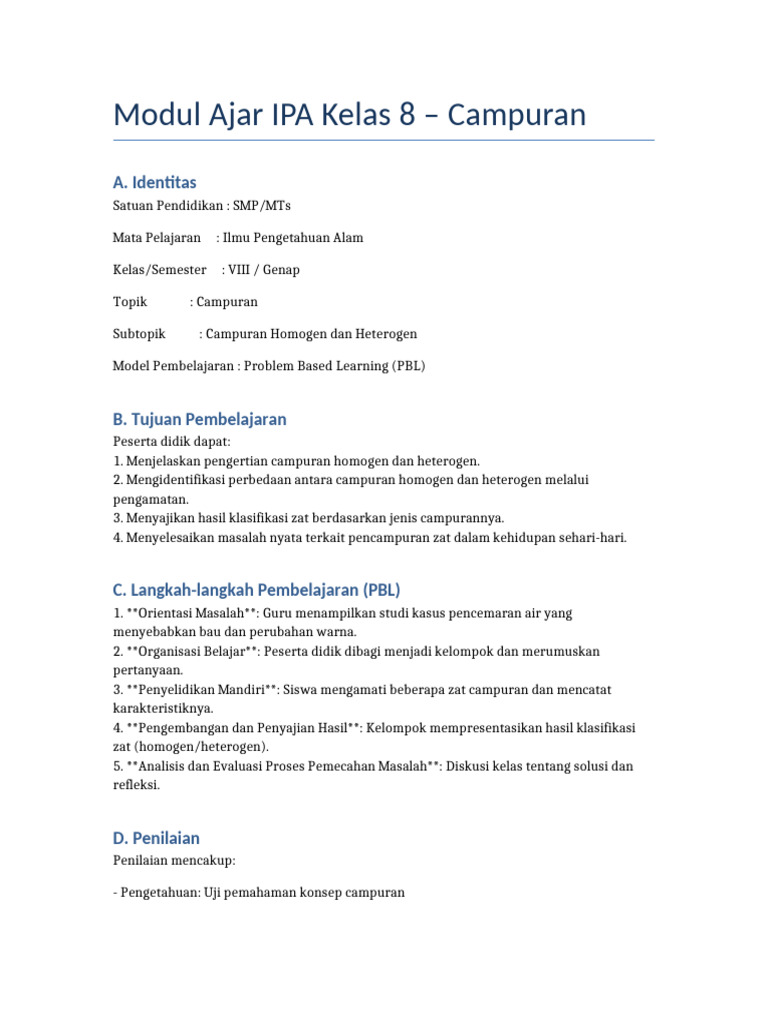 Modul Ajar IPA Kelas 8 Campuran PBL | PDF