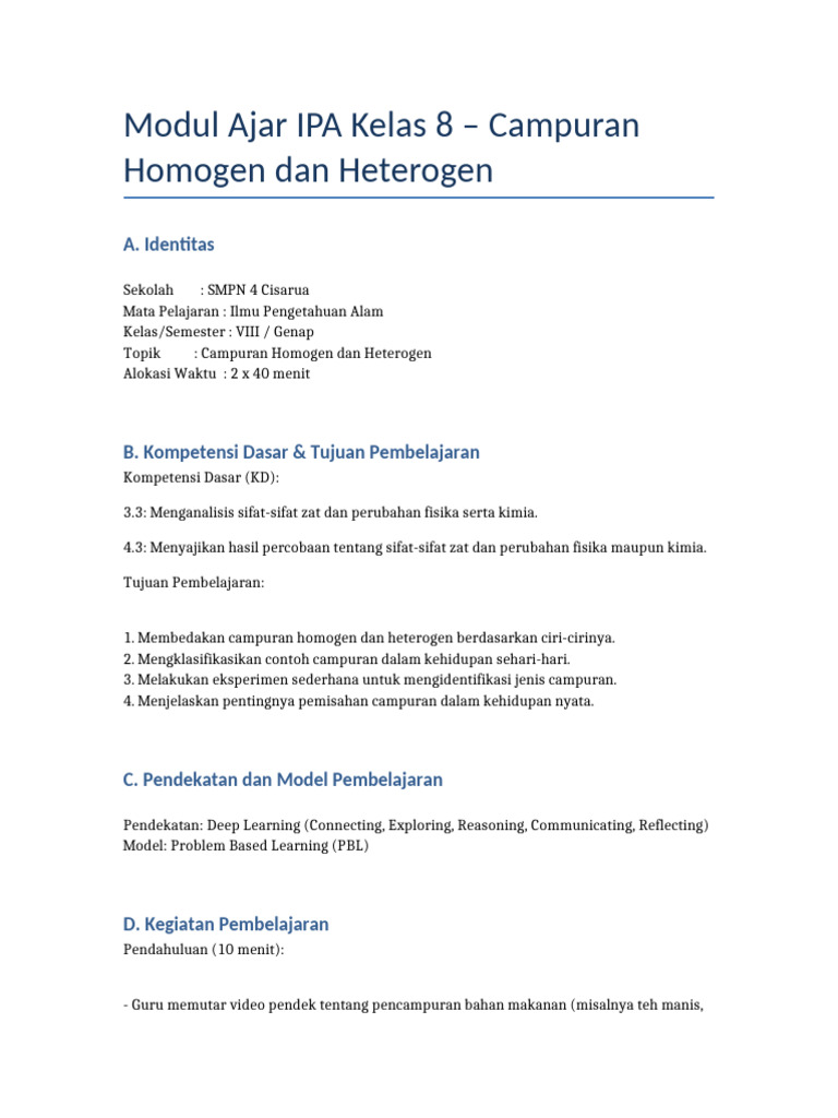 Modul Ajar Campuran Homogen dan Heterogen | PDF