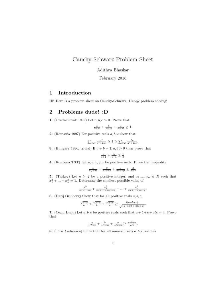 Cauchy Schwarz Problem Sheet | PDF | Mathematical Relations | Linear Algebra