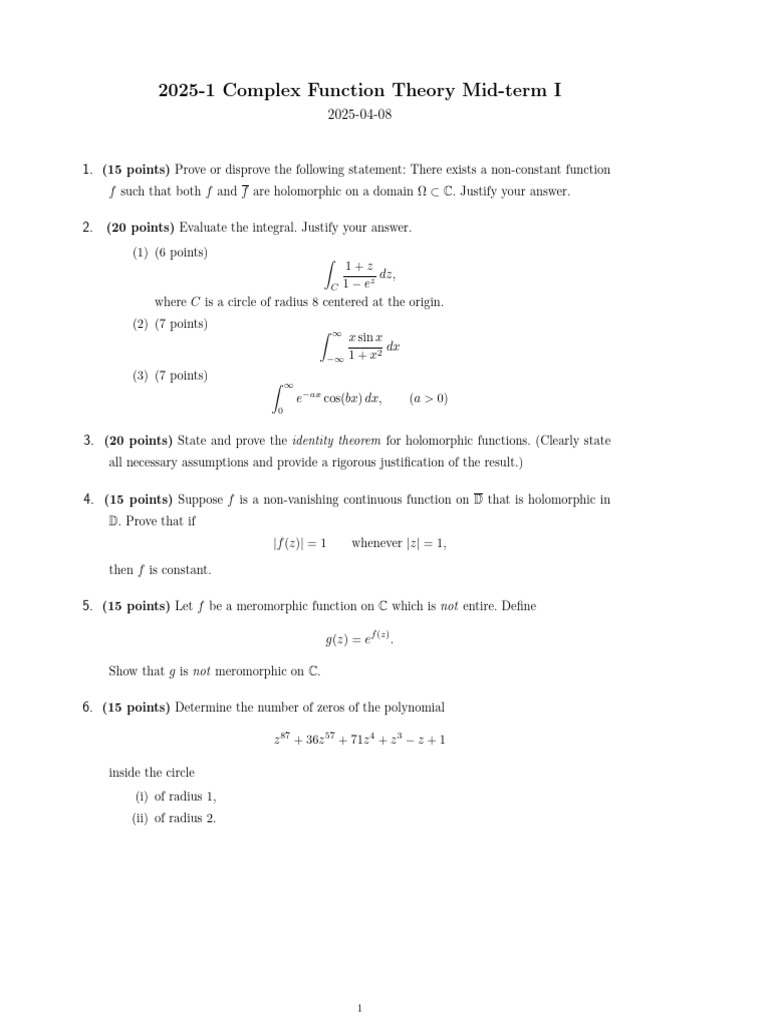 2025-1 Complex Analysis Mid-Term 1-1 | PDF