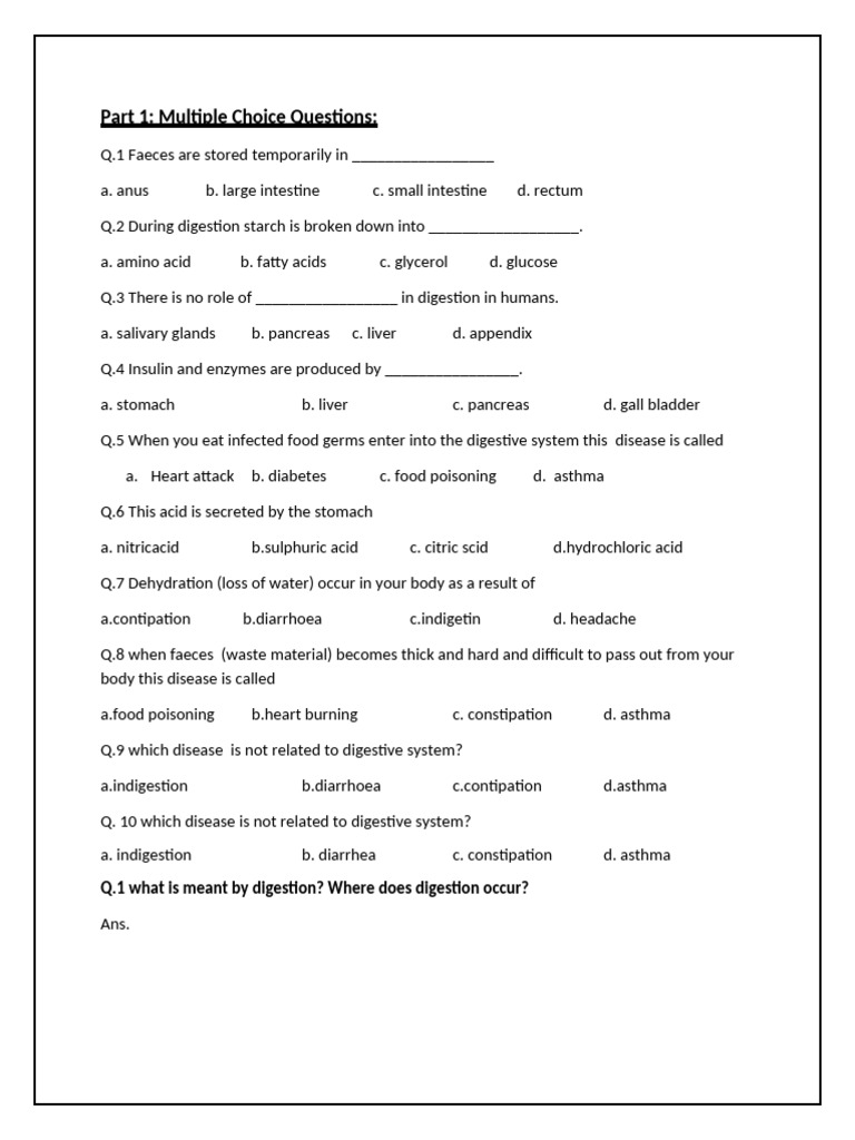 Grade 7 Digestive System Quiz Questions | PDF | Digestion ...