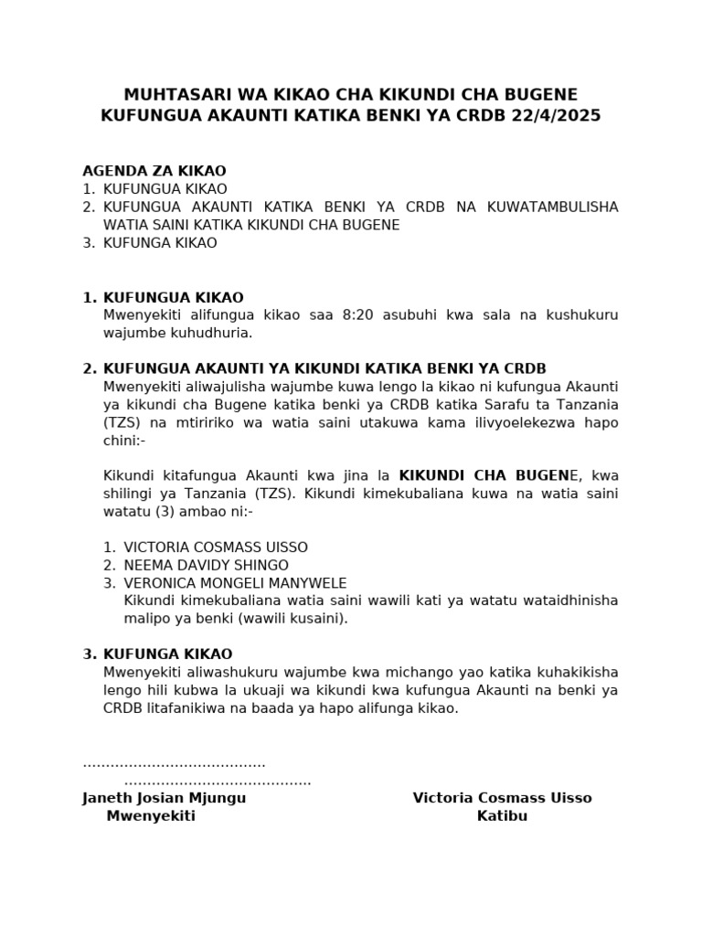Muhtasari Wa Kikao Cha Kikundi Cha Bugene Kufungua Account Katika Bank ...