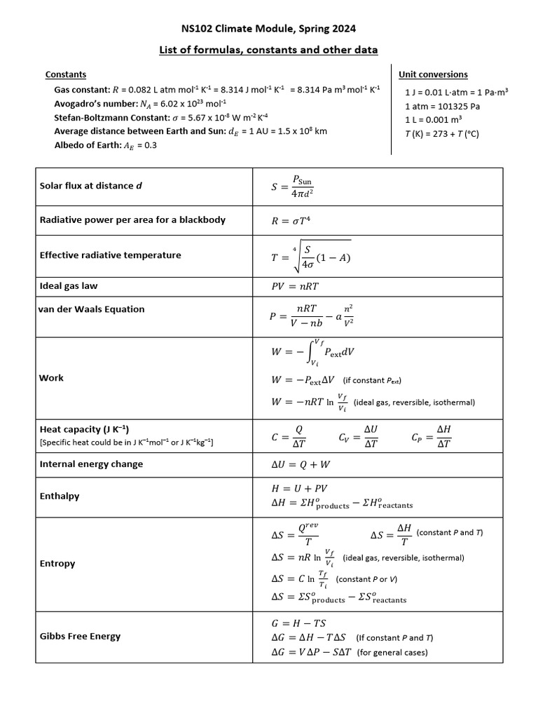 Climate Module Formula Sheet | PDF | Gases | Thermodynamics