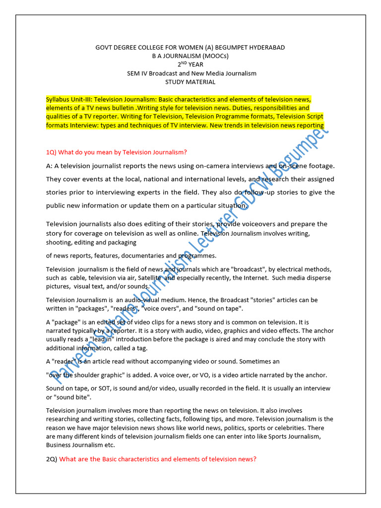 Television Journalism Study Guide | PDF | Broadcast Journalism | News