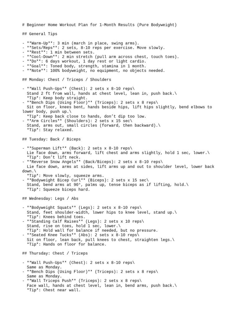 Beginner Home Workout Plan For 1-Month Results (Pure Bodyweight) | PDF ...