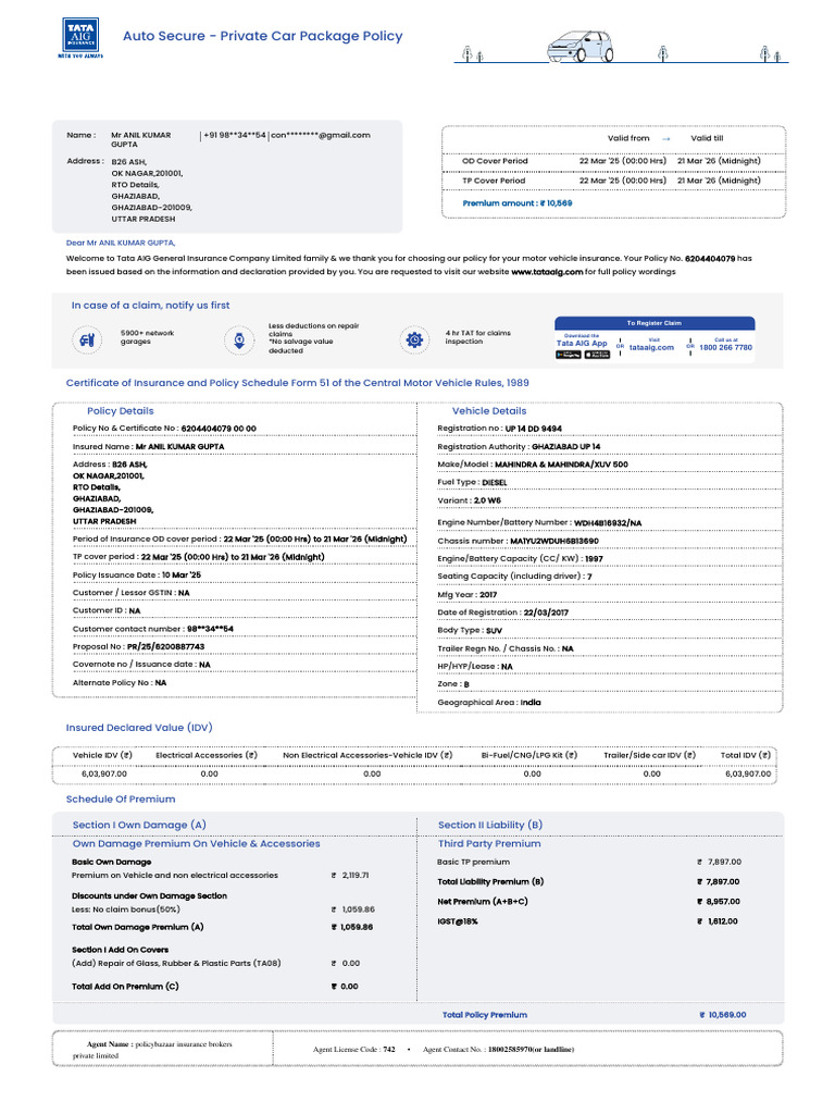 PolicySchedule 6204404079 00 796263682 | PDF | Insurance | Receipt