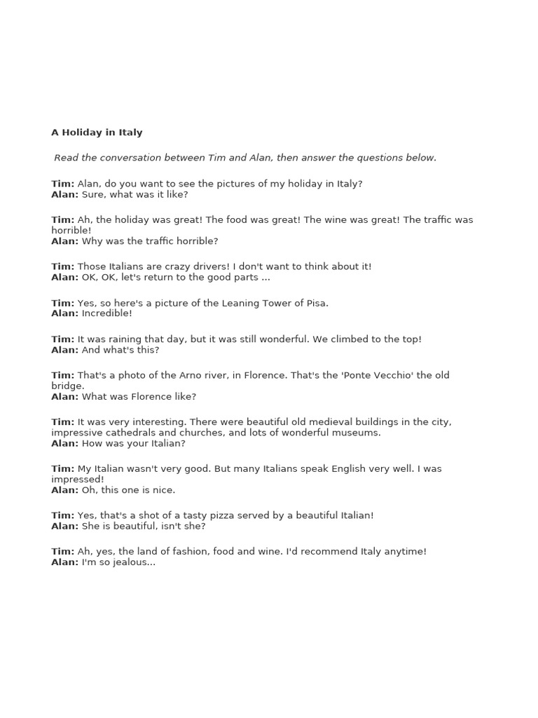 A Holiday in Italy Reading Comprehension Exercises - 44293 | PDF