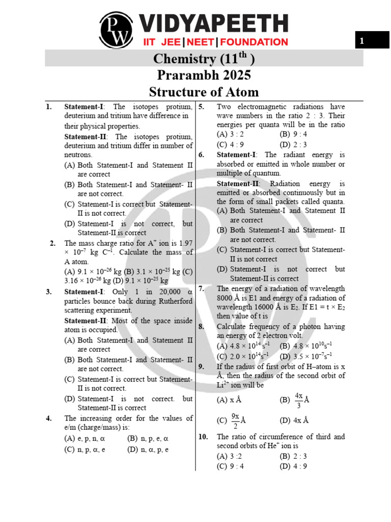 Structure Of Atom Practice Sheet Pdf Atomic Orbital Electron