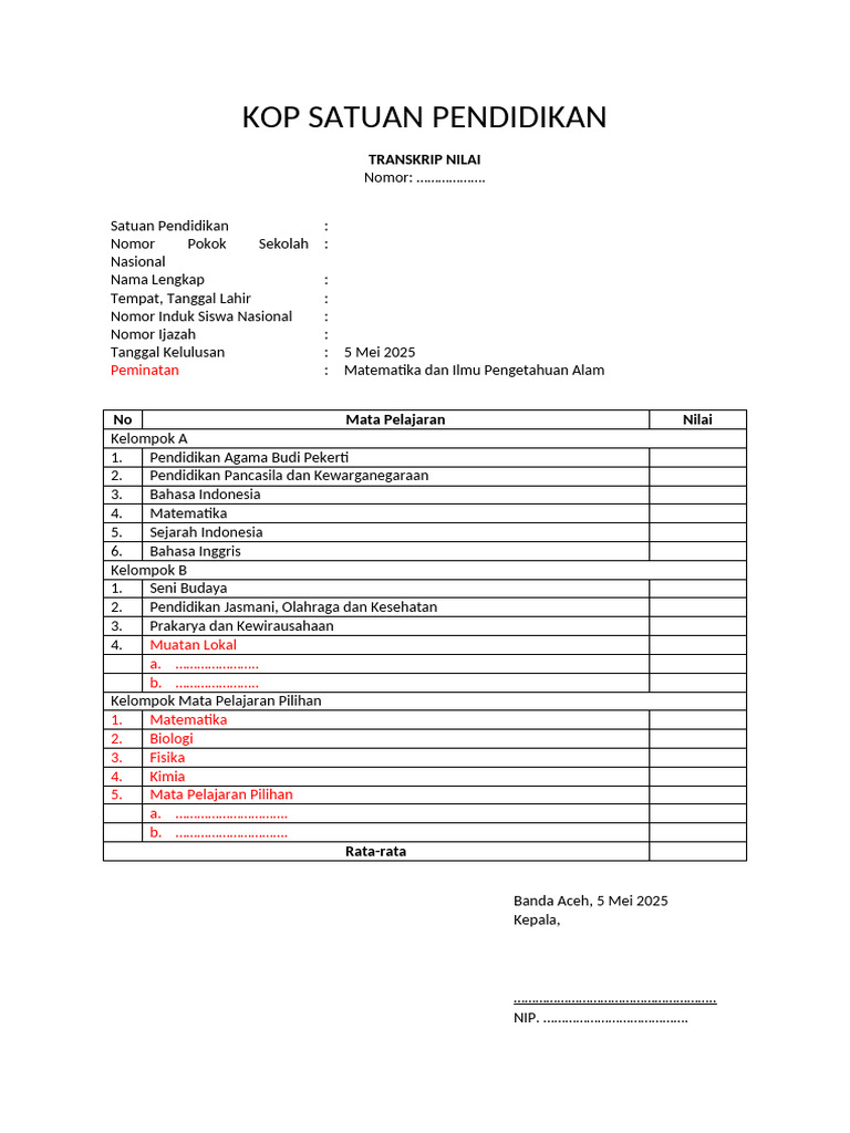 Contoh Format Transkrip Nilai Kurikulum 2013 | PDF