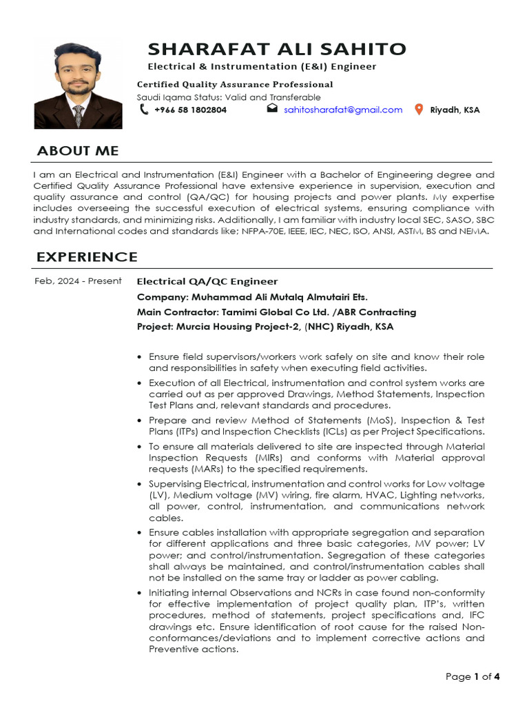 Sharafat Ali Electrical & Instrumentation Engineer - 041100 | PDF | Quality Assurance ...