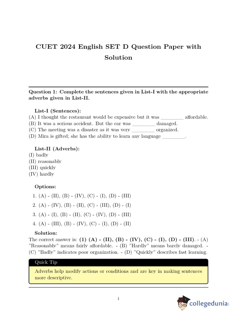 CUET English Question Paper 2024 With Solutions Set D | PDF | Chocolate ...
