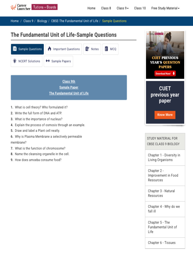 Class 9 Biology: Cell Unit Sample Qs | PDF | Cell (Biology) | Biology