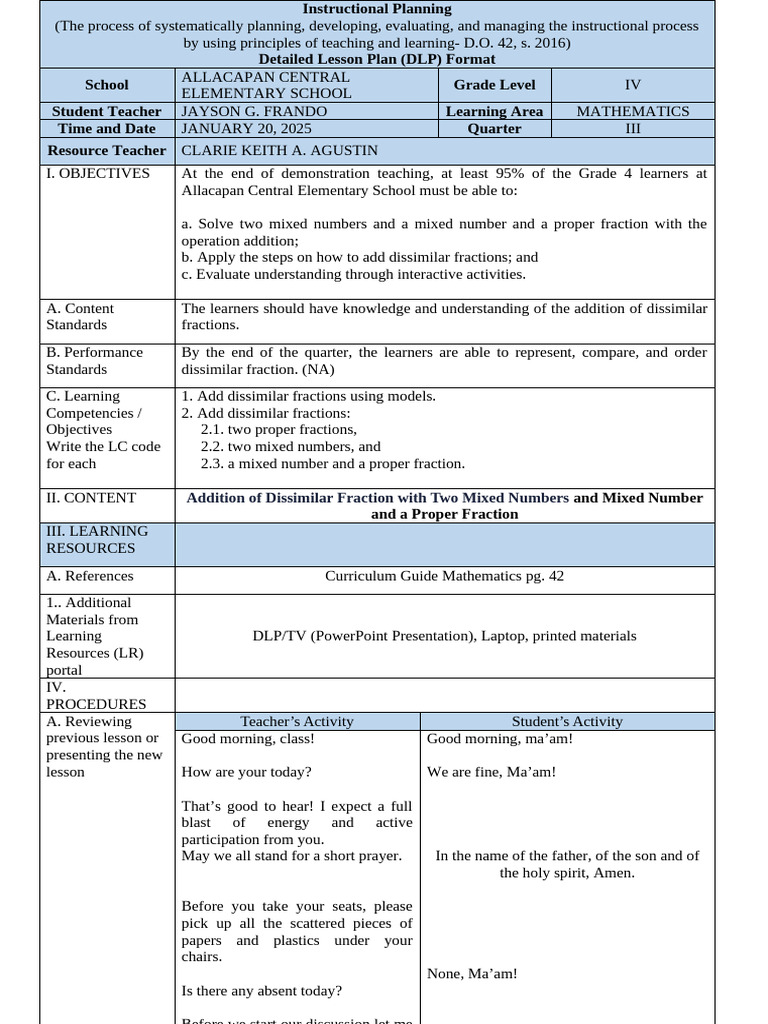 DepEd-Format - DLP - MATH 4.2 | PDF | Teachers | Learning