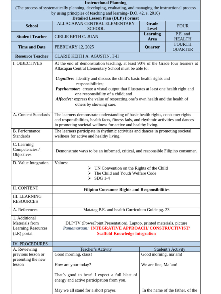 DepEd-Format_DLP- P.E. & HEALTH 4.1 | PDF | Physical Education | Teachers