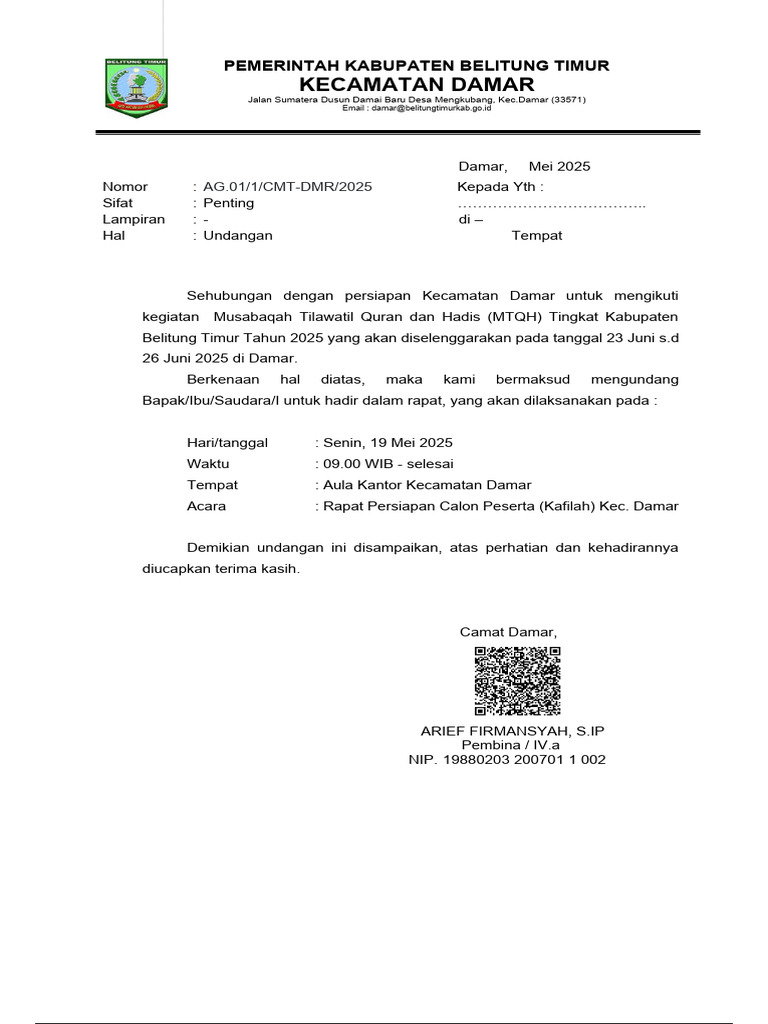 Surat Undangan Peserta MTQ | PDF