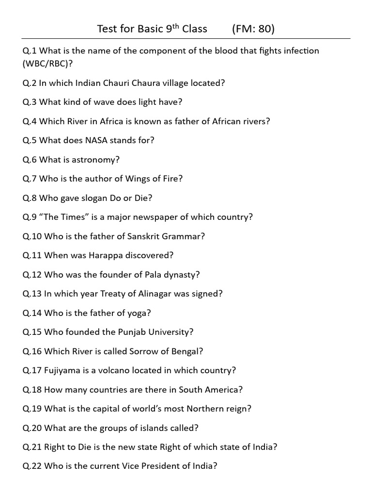 Test For Basic 9th Class | PDF