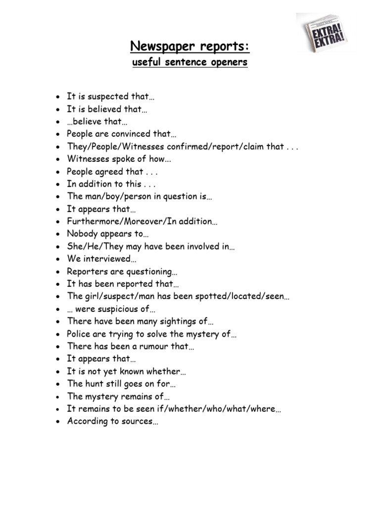 Newspaper Report Sentence Starters | PDF