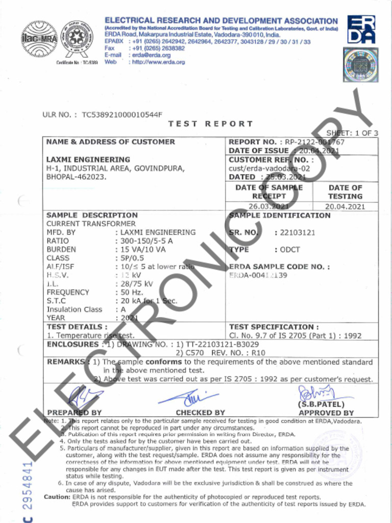 RP-2122-001767 FOR 11KV OD CT DRG. NO. C570 (FOR TEM)-300-1505A | PDF