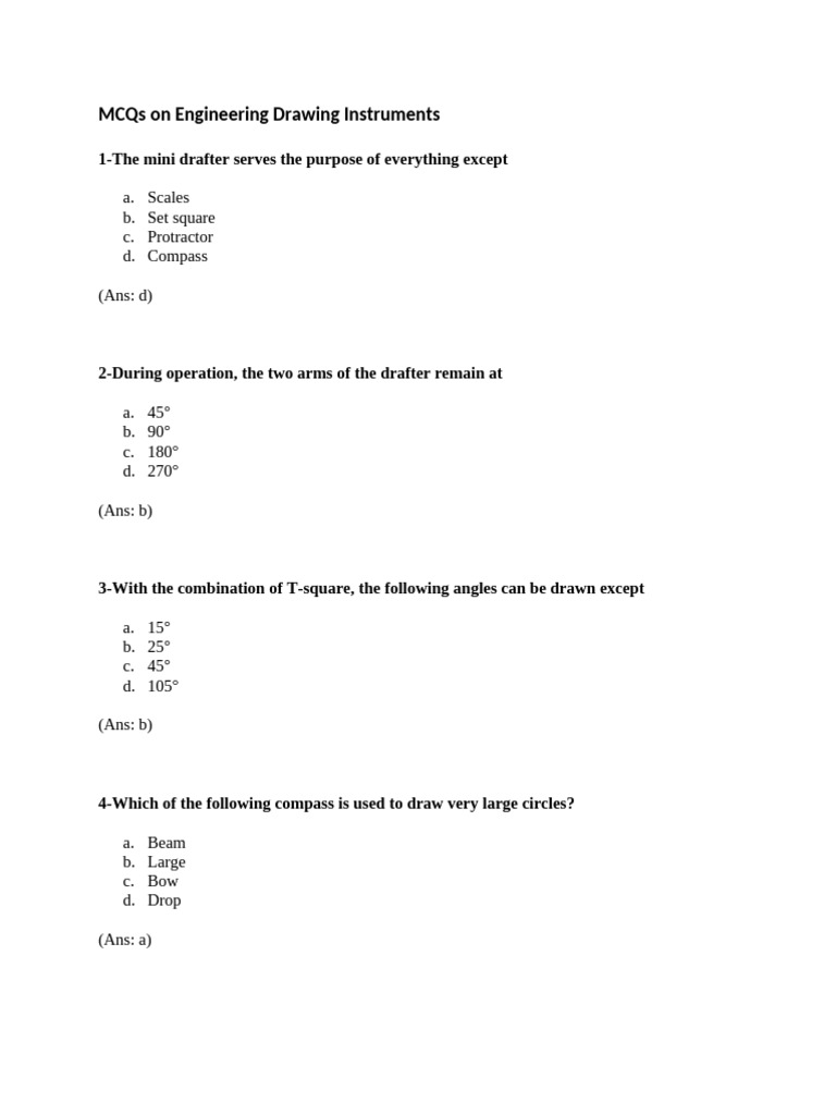 MCQs on Engineering Drawing Instruments | PDF