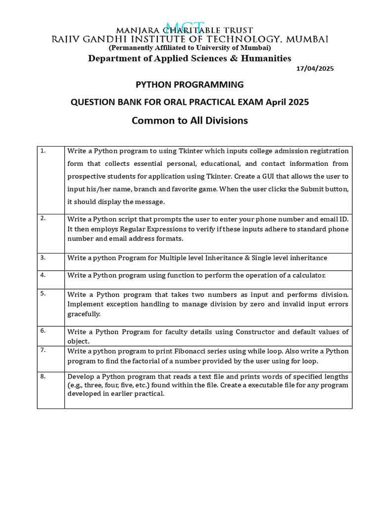 QUESTION BANK ORAL PRACTICAL EXAM PYTHON April 2025 | PDF