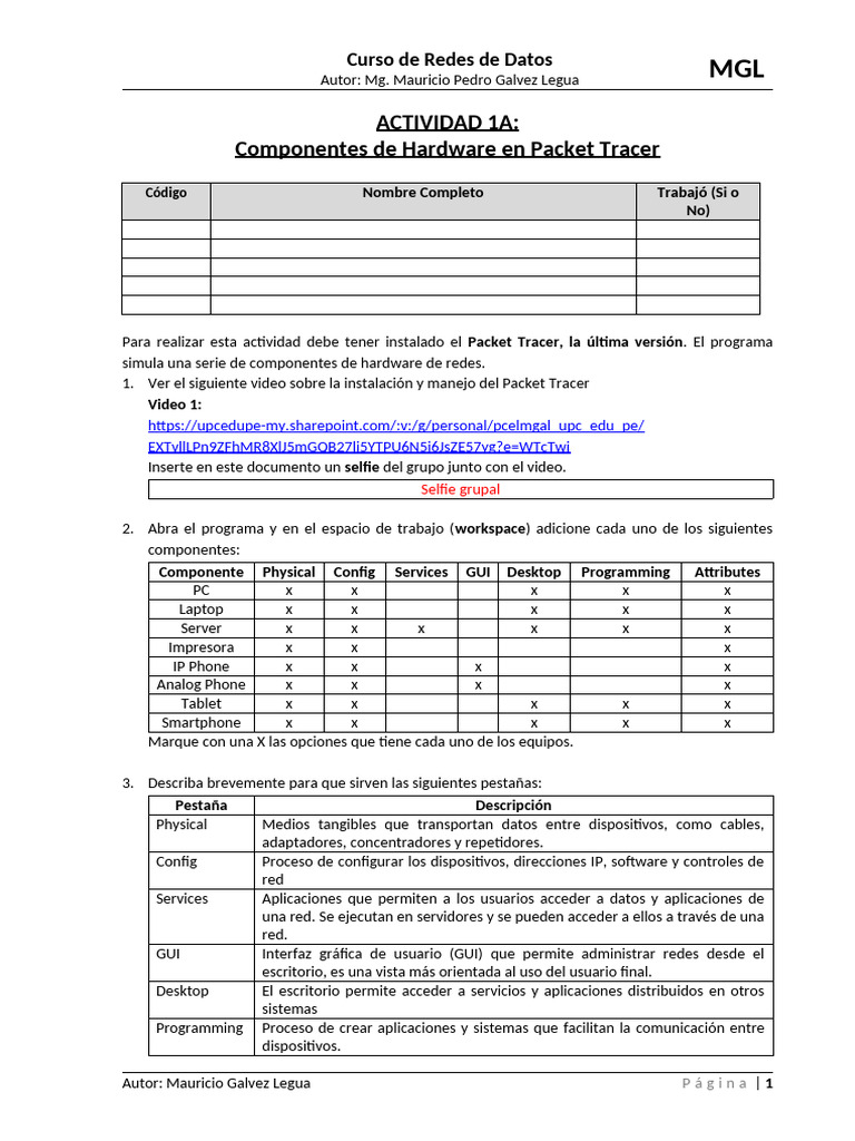 A1 Componentes de Hardware e Implementacion de Redes en Packet Tracer ...