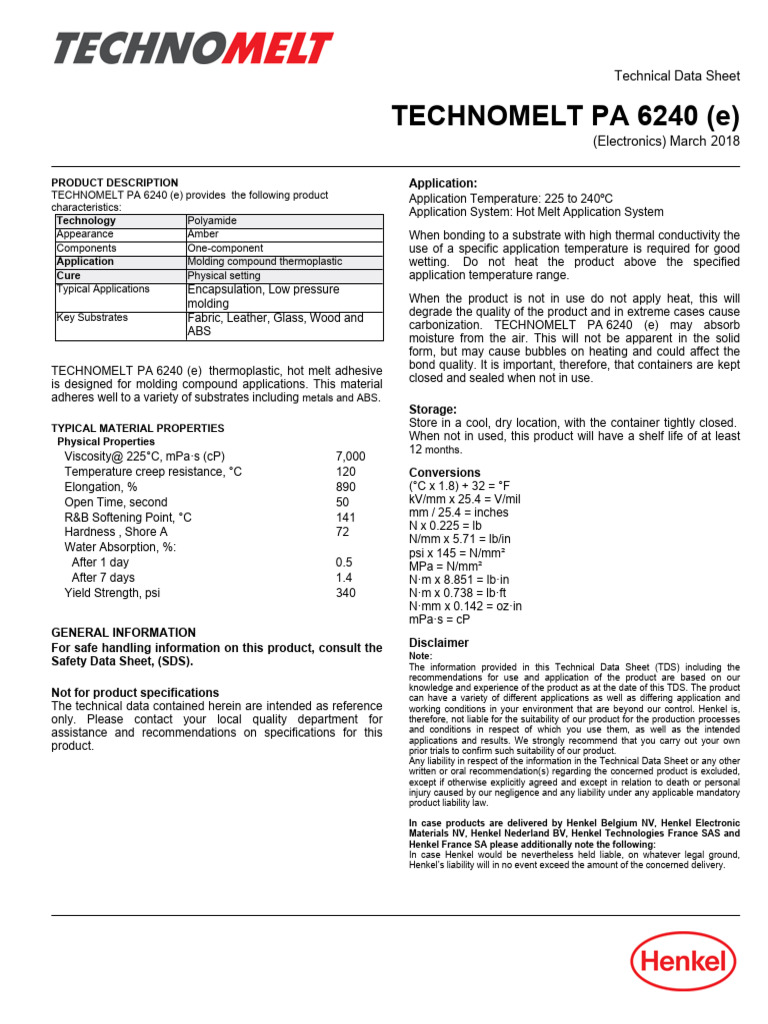 Technomelt PA 6240 Technical Data Sheet | PDF | Mechanical Engineering ...