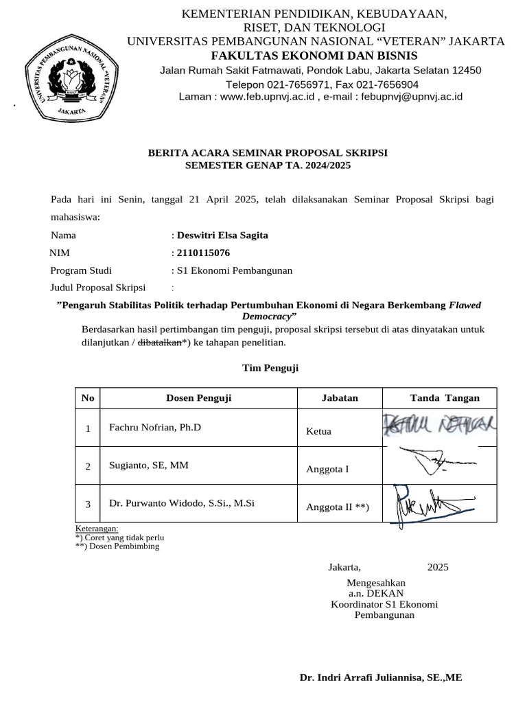 Form Berita Acara Dan Lembar Persetujuan Revisi (Sempro) - Deswitri Elsa Sagita | PDF
