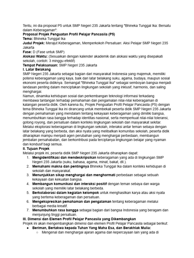 Buatlah Sebuah Proposal P5 SMP 235 Tentang BHINEKA... | PDF