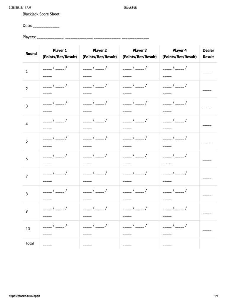 Blackjack Scoresheet | PDF