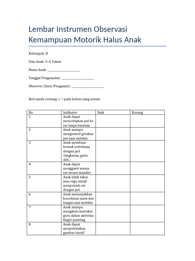 Observasi Motorik Halus Anak Usia 5-6 Tahun | PDF
