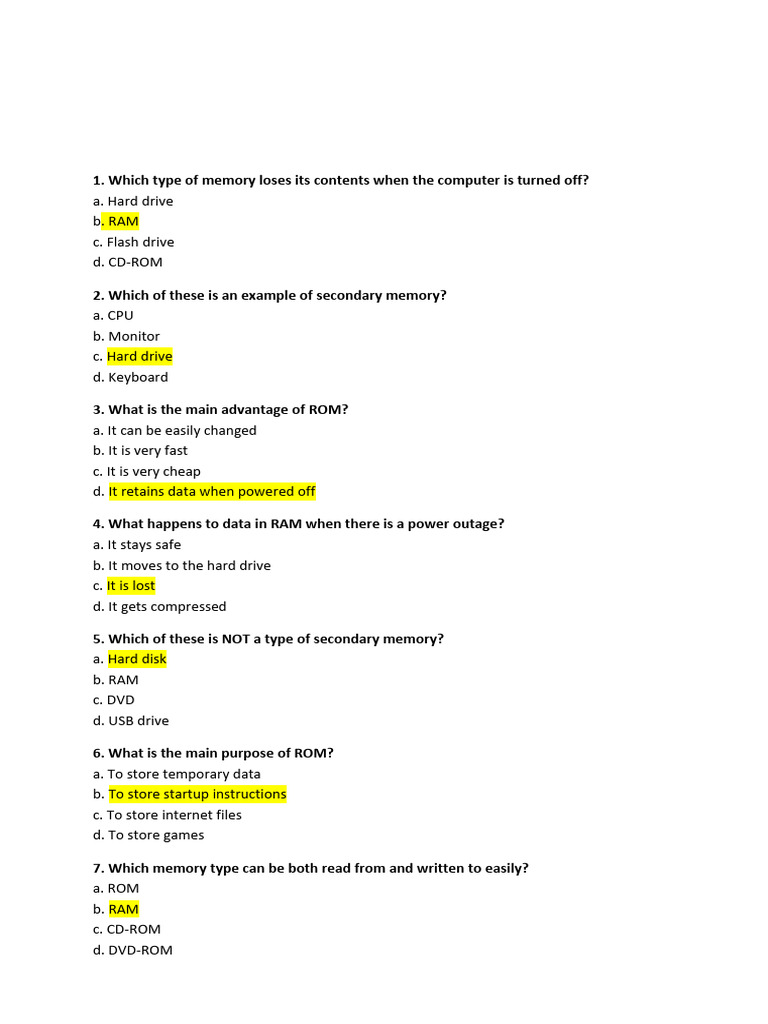 Class 5 Computer Memory Q&A Guide | PDF