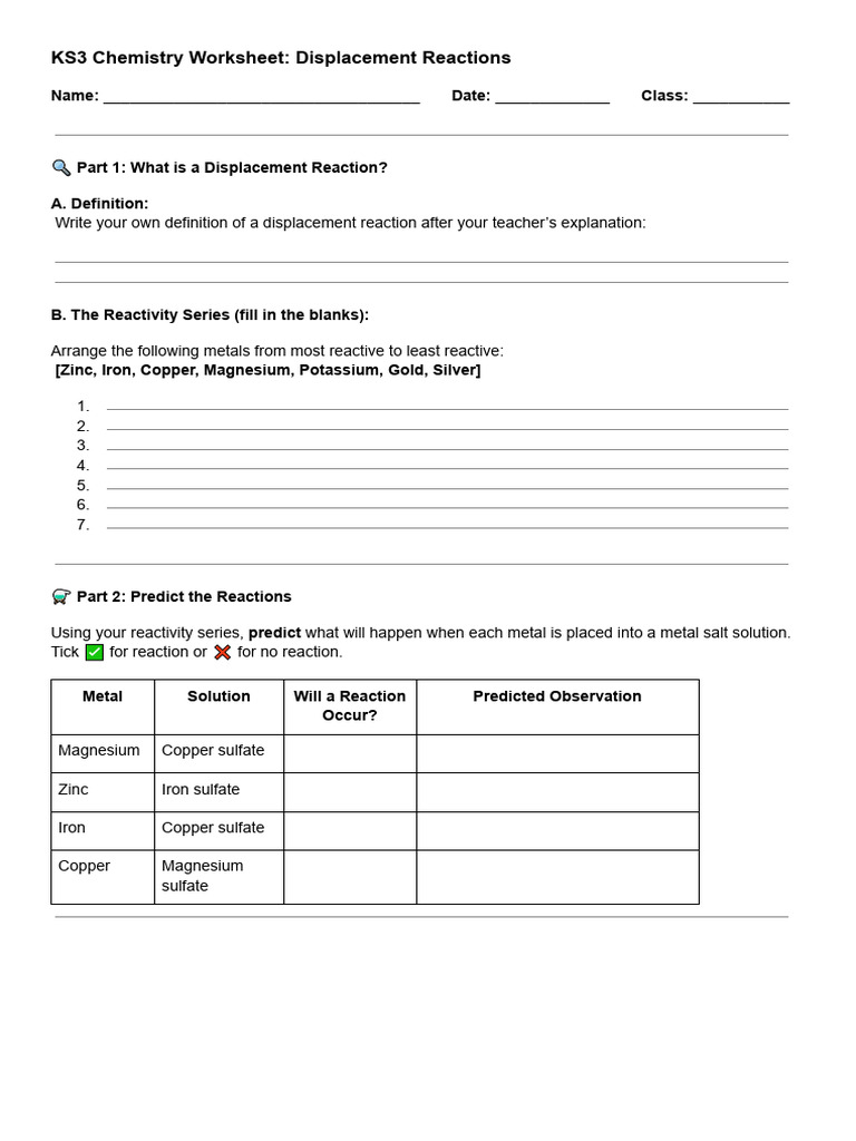 KS3 Chemistry Worksheet - Displacement Reactions | PDF
