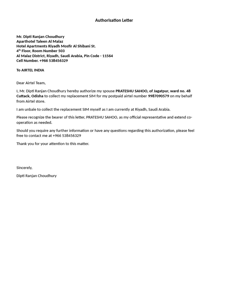 Authorization Letter for SIM Replacement | PDF