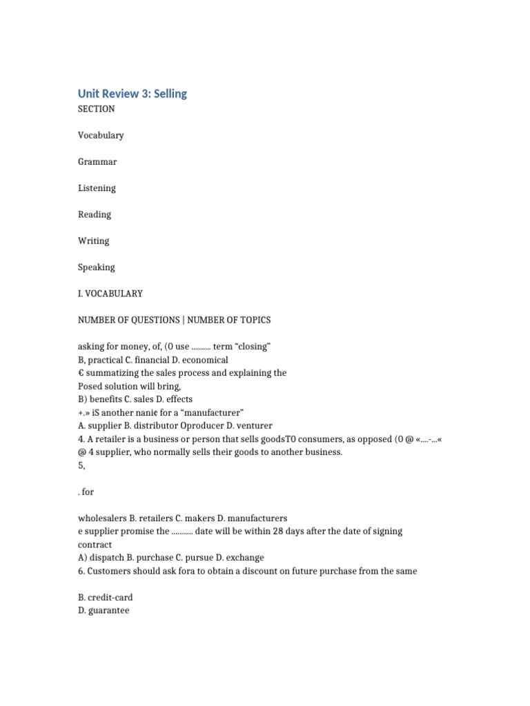 Unit Review 3 Selling | PDF
