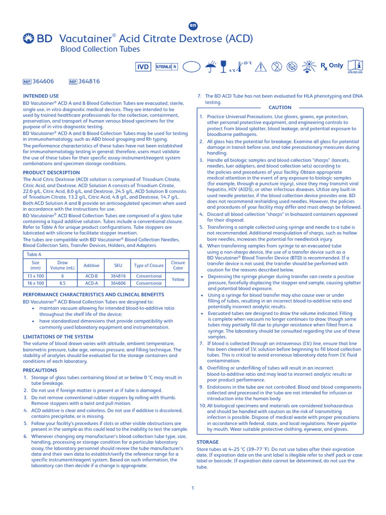 BD Vacutainer® Acid Citrate Dextrose (ACD) Blood Collection Tubes | PDF ...