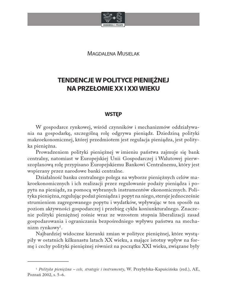 Tendencje W Polityce Pieniężnej Na Przełomie XX I XXI Wieku | PDF