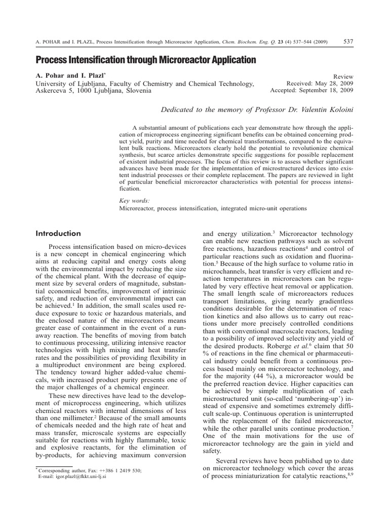 2009_Process Intensification through Microreactor Application | PDF | Chemical Reactor ...