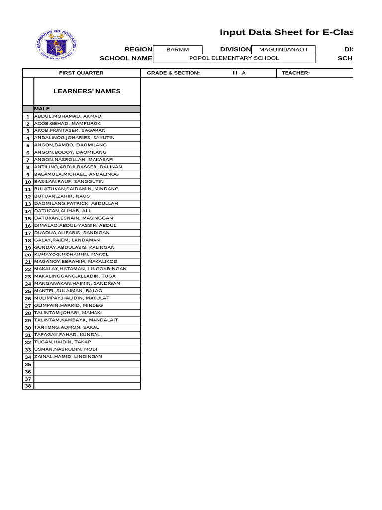 Input Data Sheet For E-Class Record: Region Division District School Name School Id | PDF