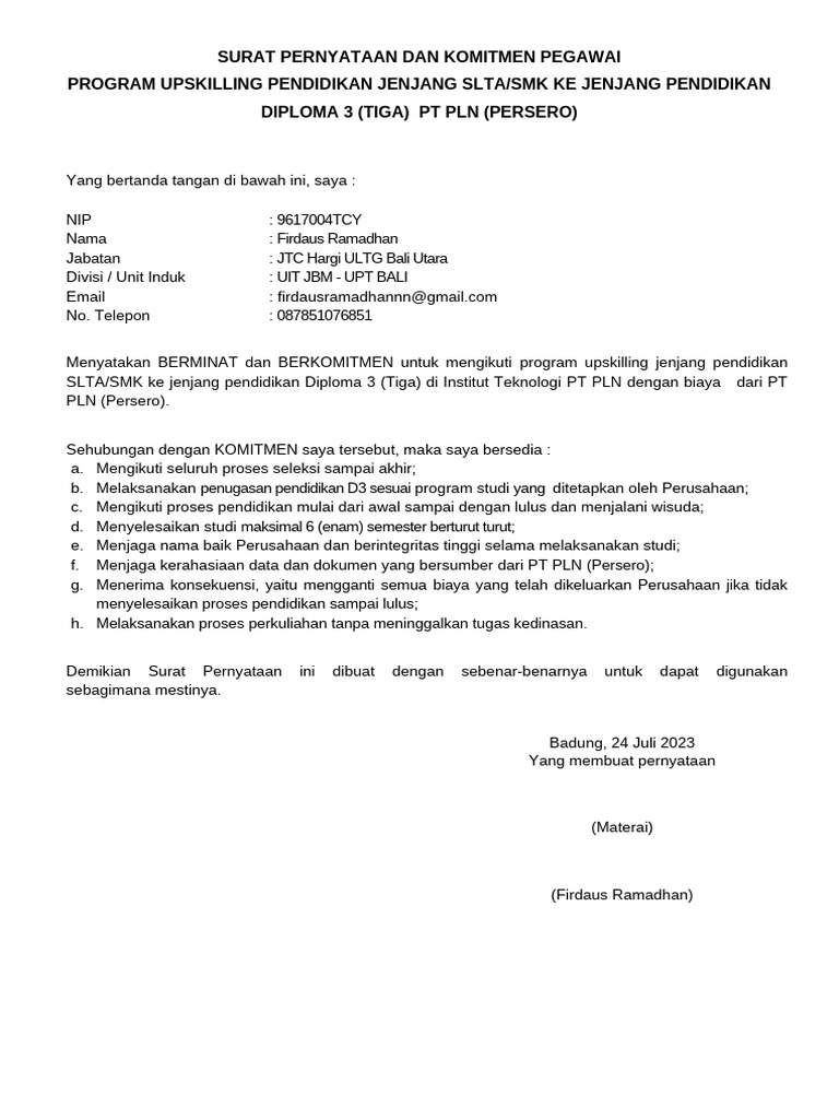 Form Surat Pernyataan Upskilling | PDF