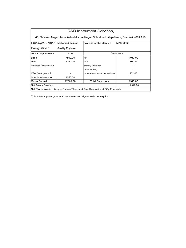 March 2022 Pay Slip for Quality Engineer | PDF